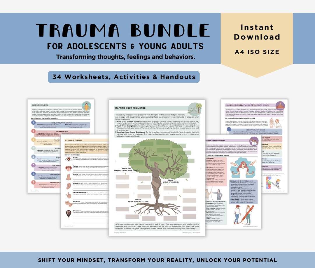 Trauma Therapy Worksheet Bundle for Teens and Young Adults, Social ...