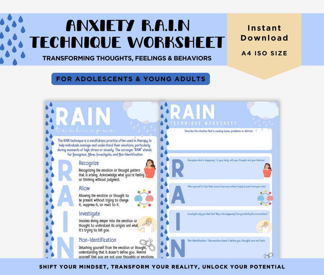 Anxiety 'RAIN' Mindfulness Worksheet, Grounding Strategy, Mindful Tools ...