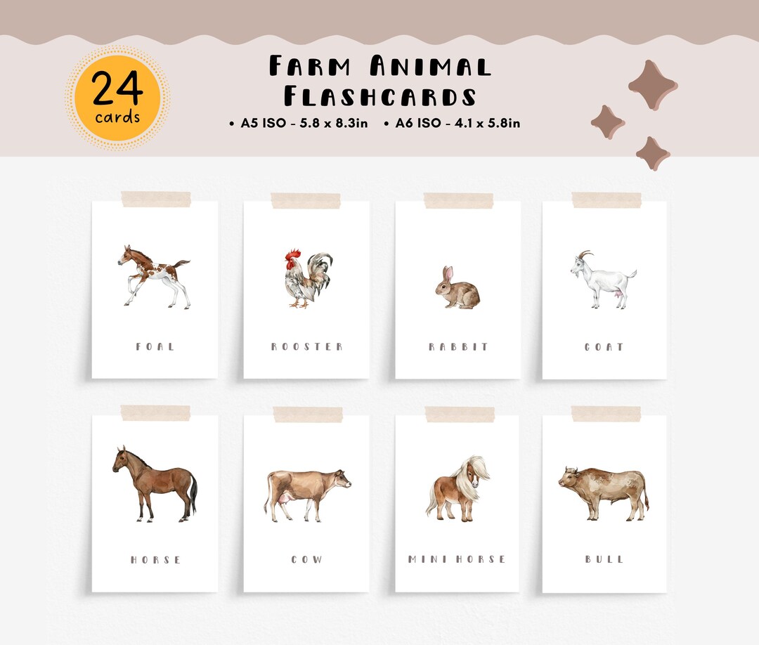 Watercolor Animal Flashcards, Farm Animals, Toddler Cards, Preschool ...