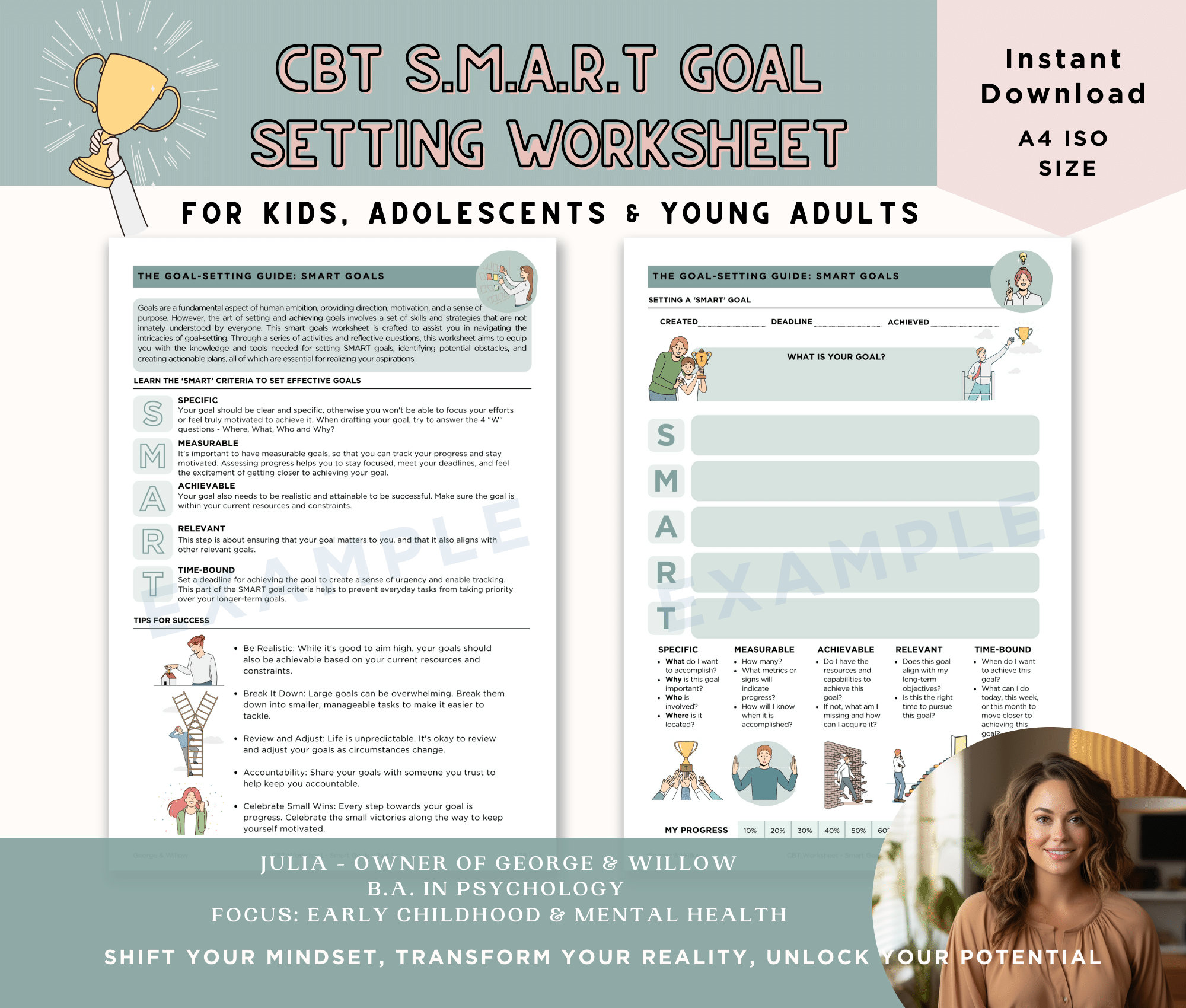 Goal Setting Template Worksheet for Adolescents and Young Adults, Goal ...
