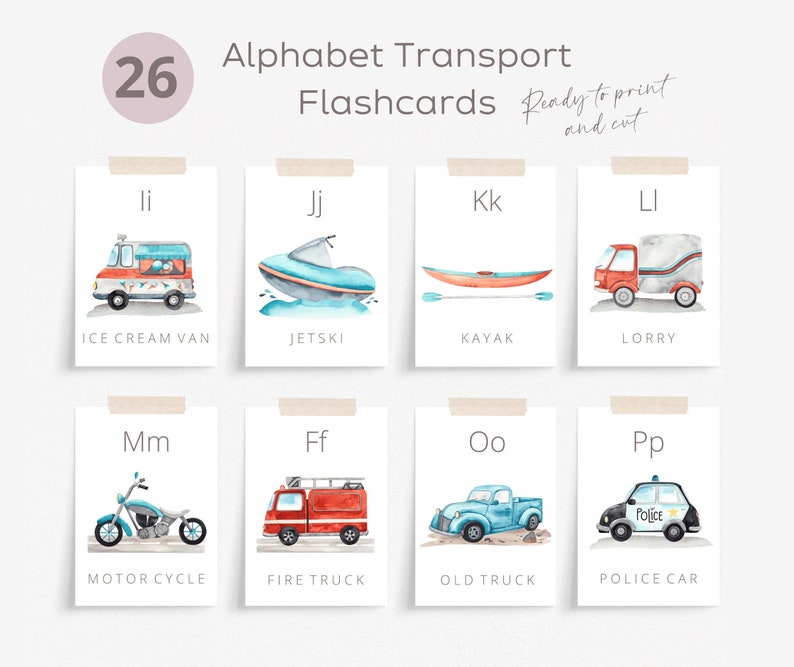 Alphabet Flashcards of Transport Vehicles, Flash Cards Toddlers ...