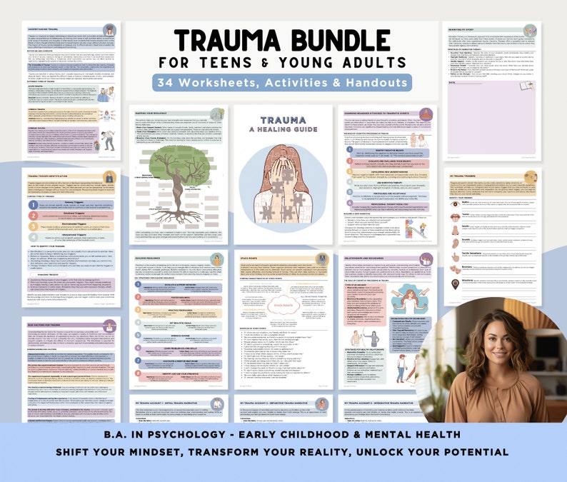 Trauma Therapy Worksheet Bundle for Teens and Young Adults, Social ...