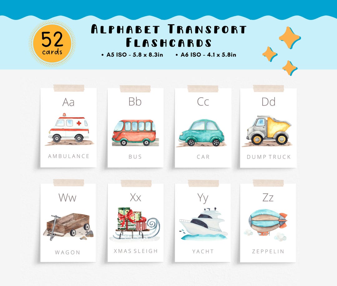 Alphabet Flashcards of Transport Vehicles, Flash Cards Toddlers ...