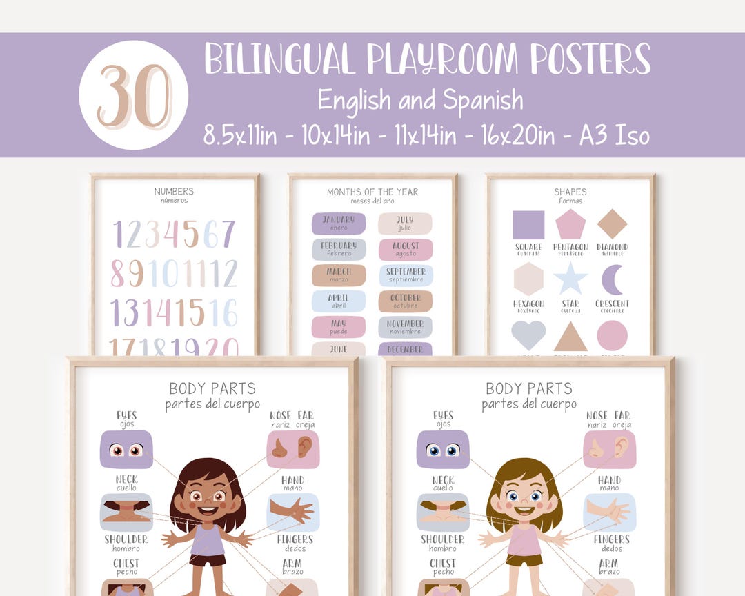Bilingual Spanish and English Kids Playroom Posters Set of 30 ...