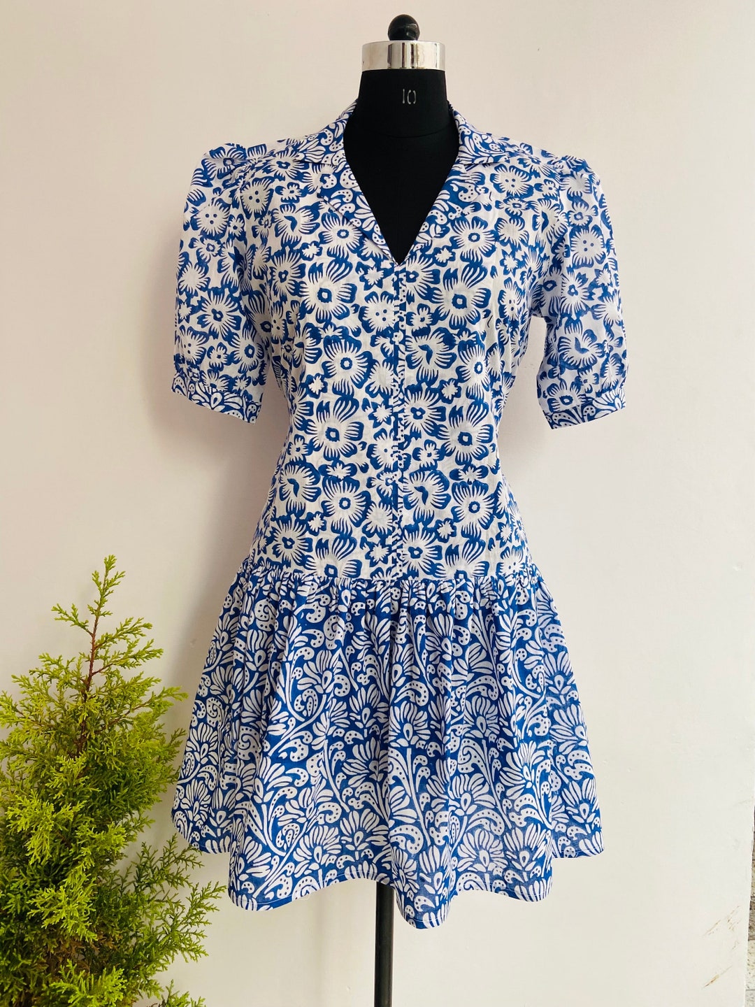 Hand Block Printed Dress, Indigo Block Print Dress, Blue Hand Print ...