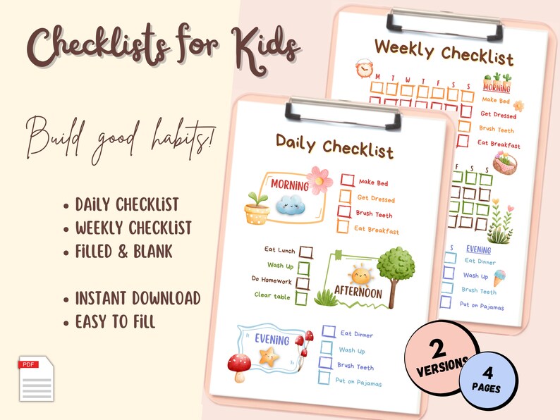 Chore Chart Daily Checklist for Kids Kids Checklist Daily - Etsy