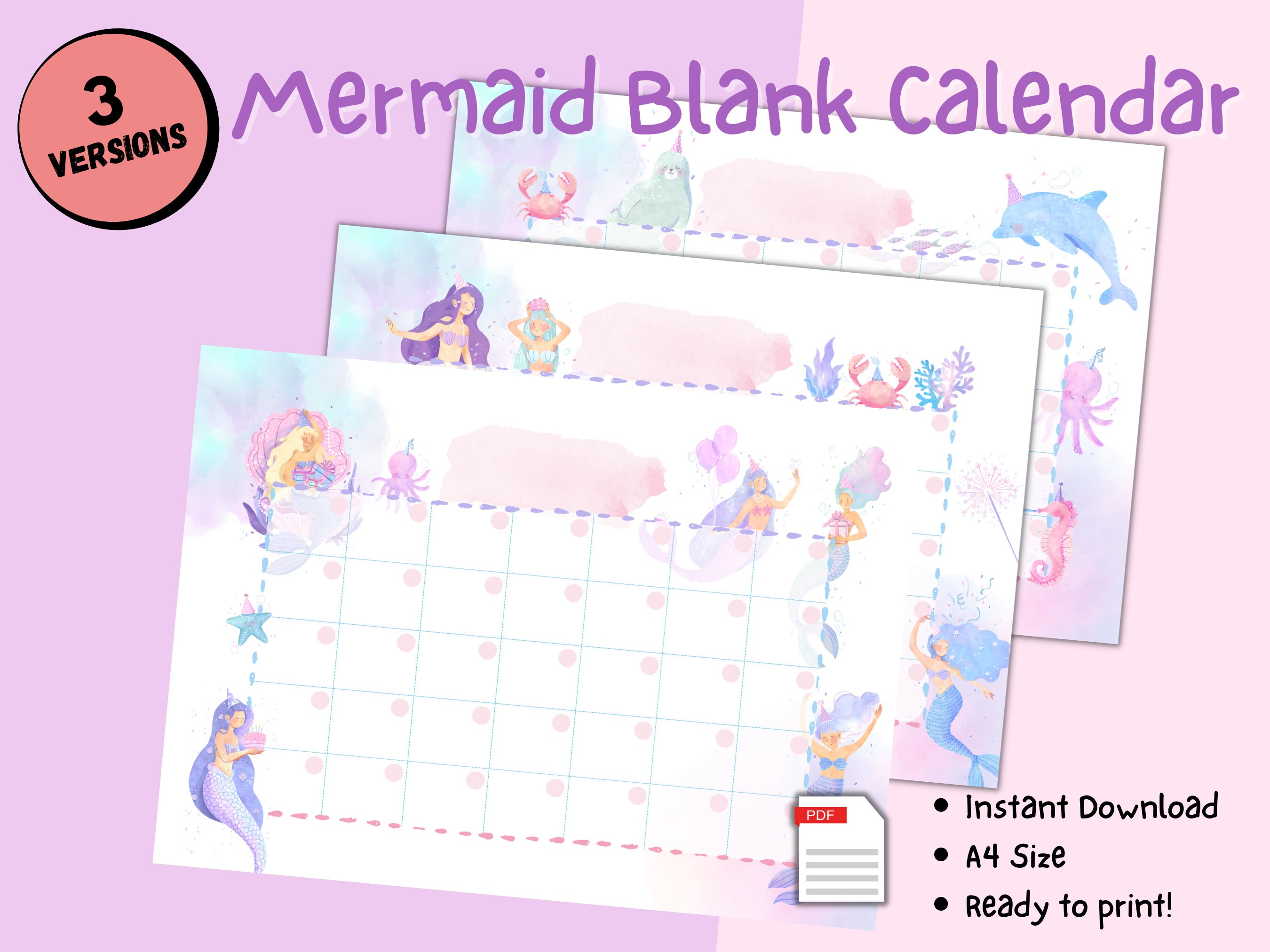 Open Cute Printable Calendar, Blank Calender, Watercolor Mermaids ...