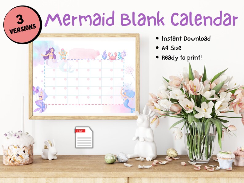 Open Cute Printable Calendar, Blank Calender, Watercolor Mermaids ...
