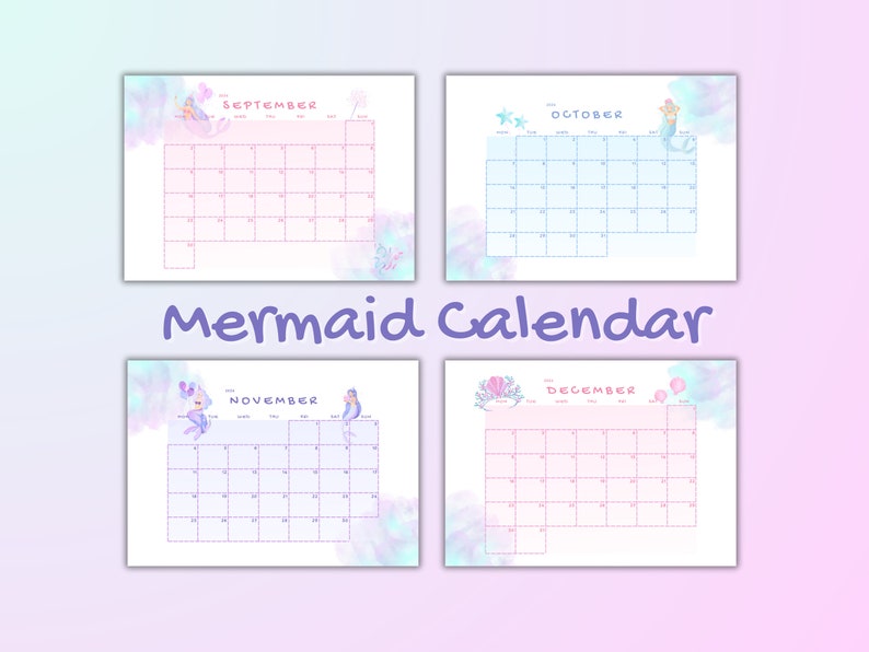 Open Cute Printable Calendar, Blank Calender, Watercolor Mermaids, 2024 ...