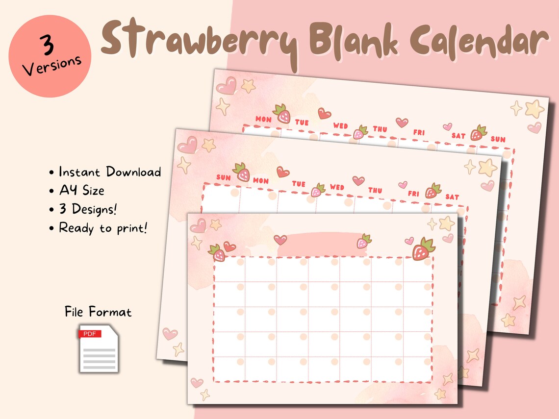 Calender, Strawberry Open Printable Calendar, Open Cute Printable ...