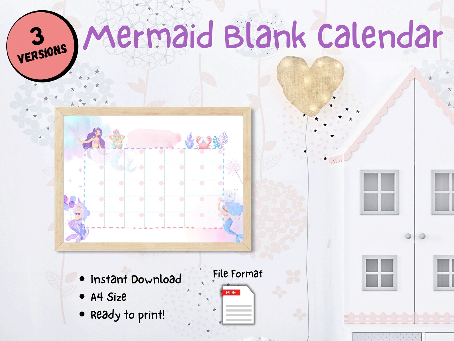 Open Cute Printable Calendar, Blank Calender, Watercolor Mermaids ...