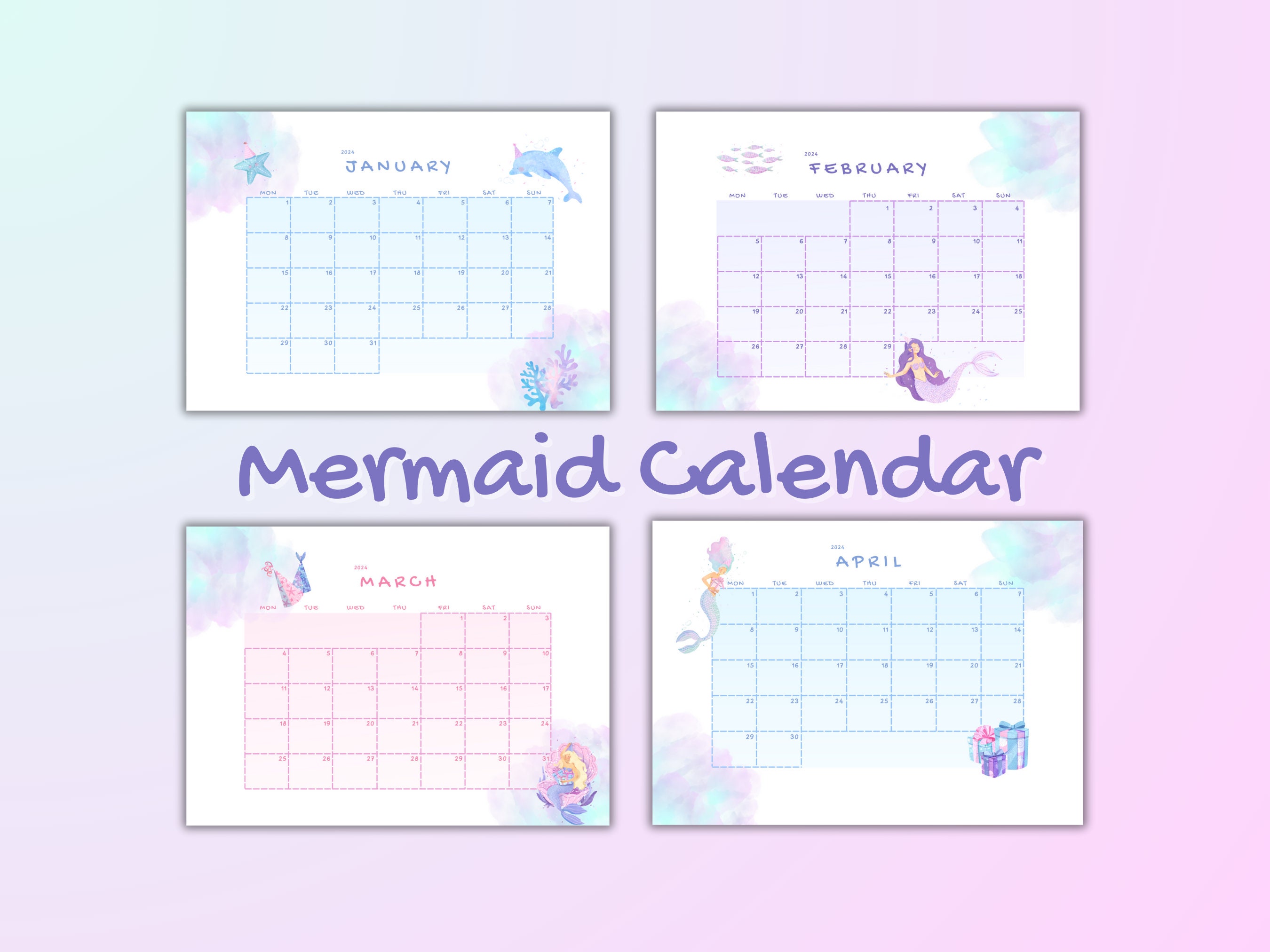 Open Cute Printable Calendar, Blank Calender, Watercolor Mermaids, 2024 ...