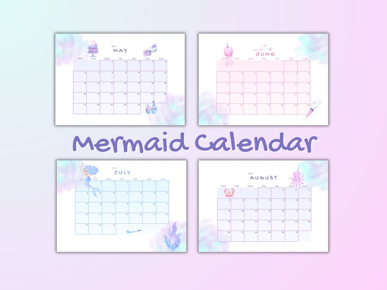 Open Cute Printable Calendar, Blank Calender, Watercolor Mermaids, 2024 ...