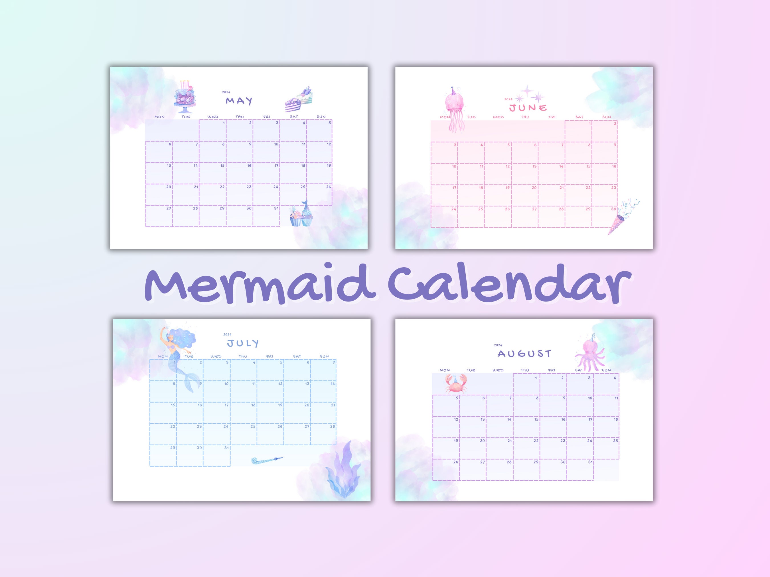 Open Cute Printable Calendar, Blank Calender, Watercolor Mermaids, 2024 ...