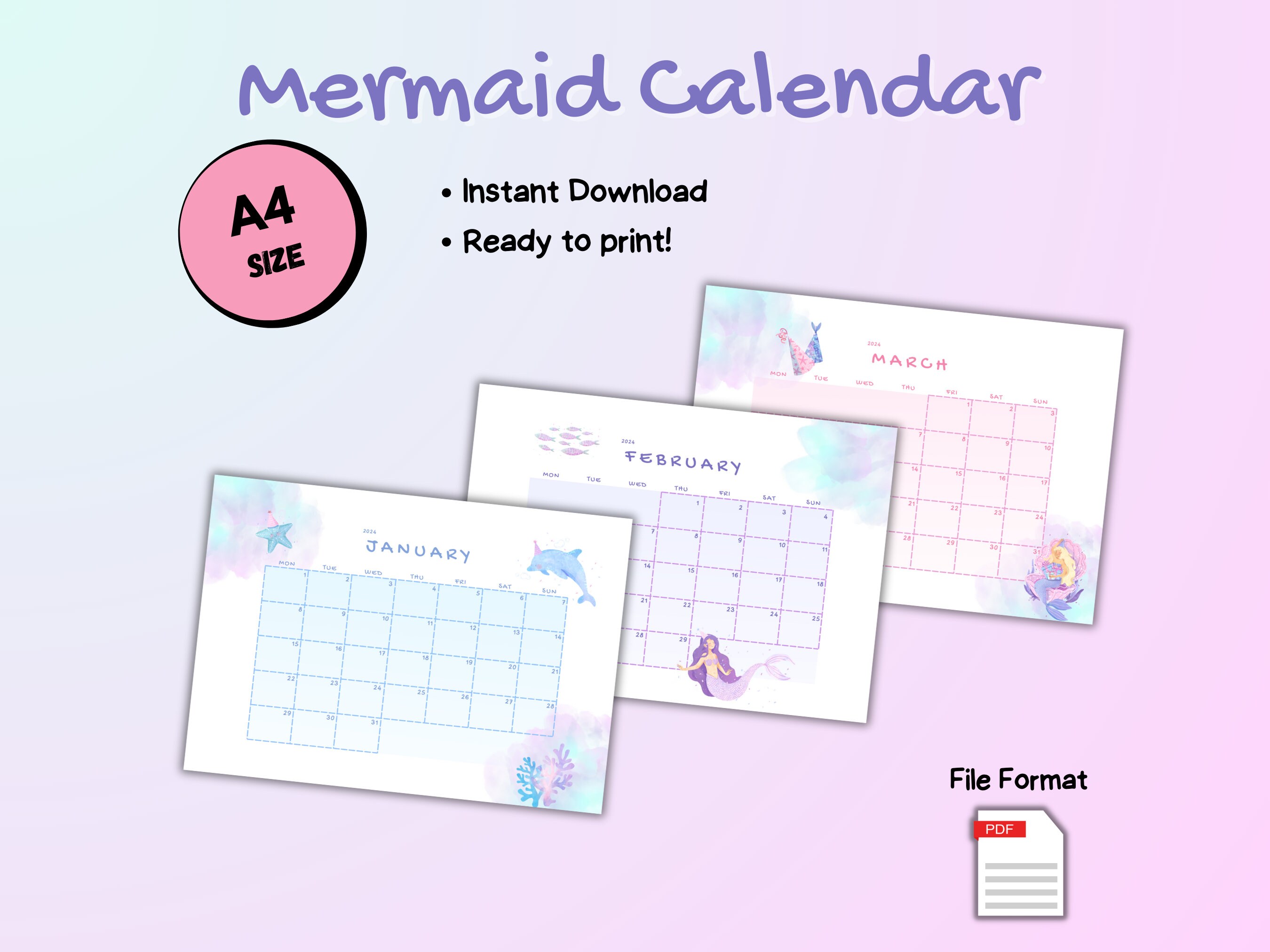 Open Cute Printable Calendar, Blank Calender, Watercolor Mermaids, 2024 ...
