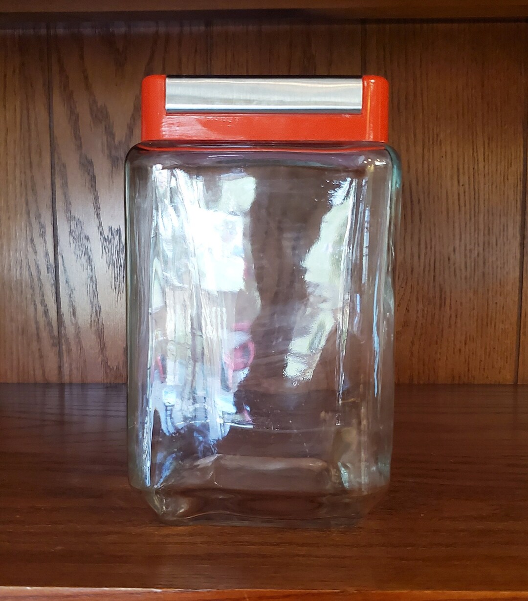 Vintage Square Glass Canister Red Plastic Lid With Metal Accent - Etsy