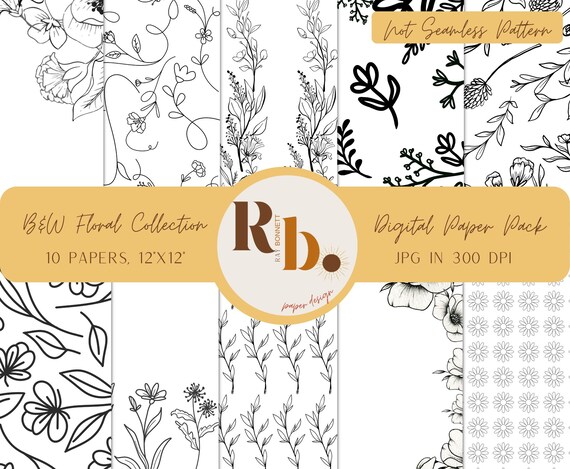 Black and White Flowers and Leaves Digital Paper Digital - Etsy