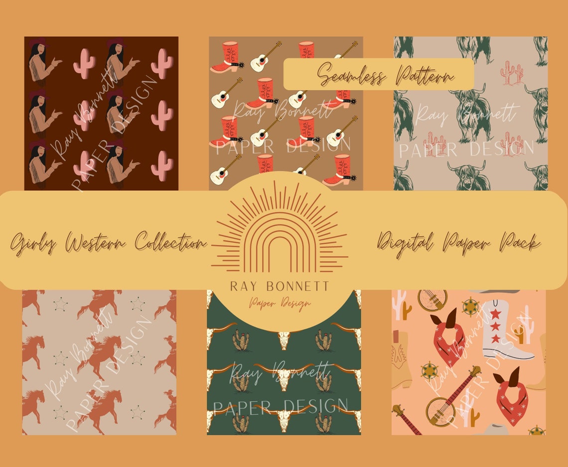 Girly Western Seamless Pattern Digital Paper Cowgirl Repeat Pattern ...