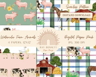 Watercolor Farm Animals, Farm Animals Seamless Pattern, Farm Animals ...