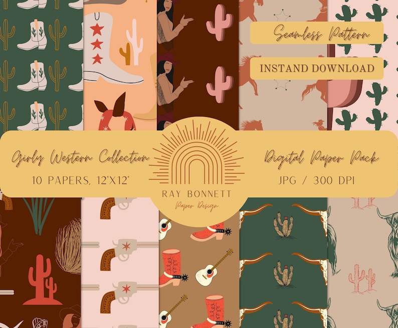 Girly Western Seamless Pattern Digital Paper Cowgirl Repeat Pattern ...