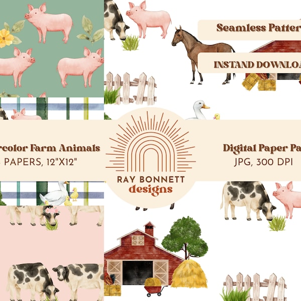 Watercolor Farm Animals, Farm Animals Seamless Pattern, Farm Animals ...