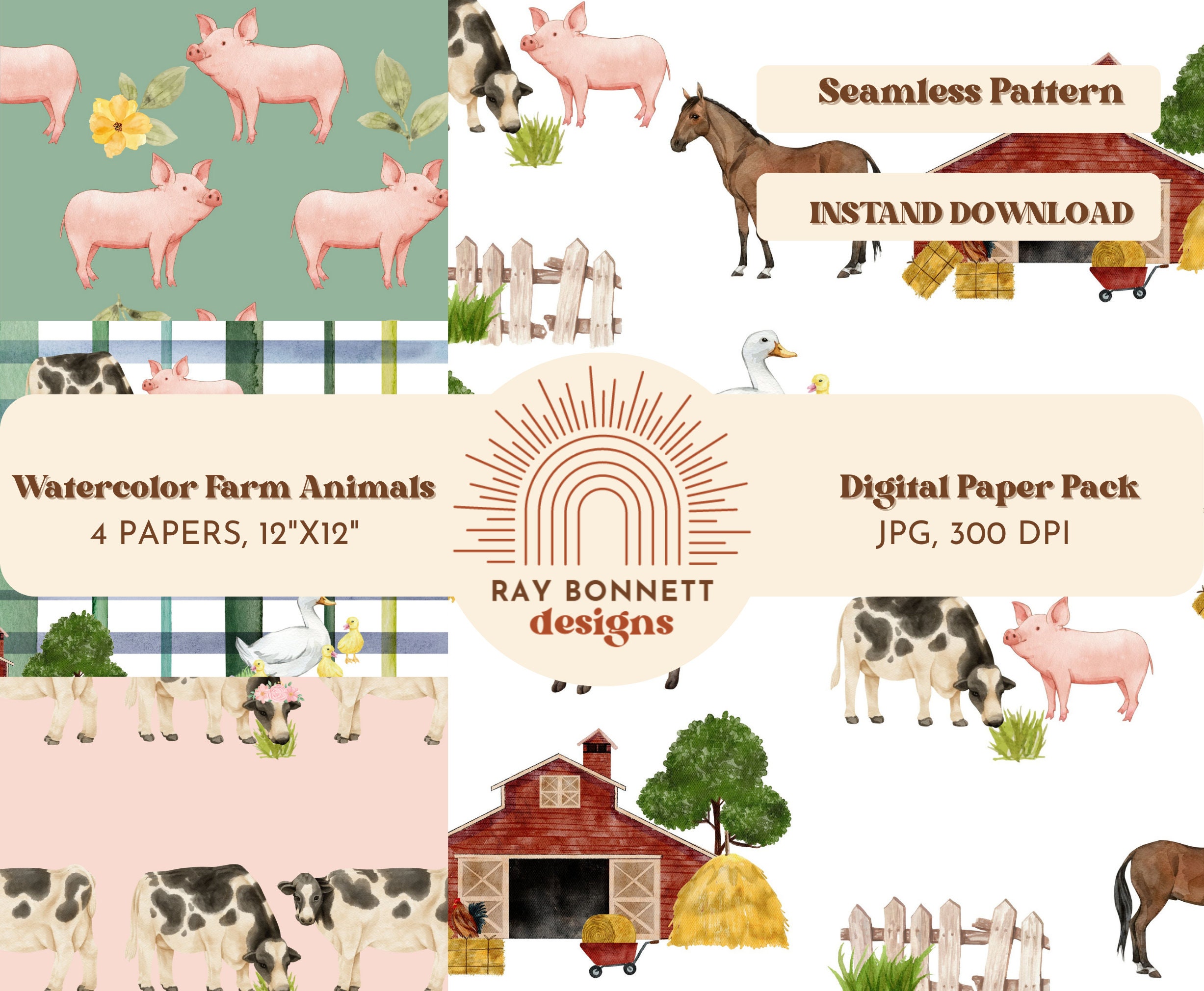 Watercolor Farm Animals, Farm Animals Seamless Pattern, Farm Animals ...
