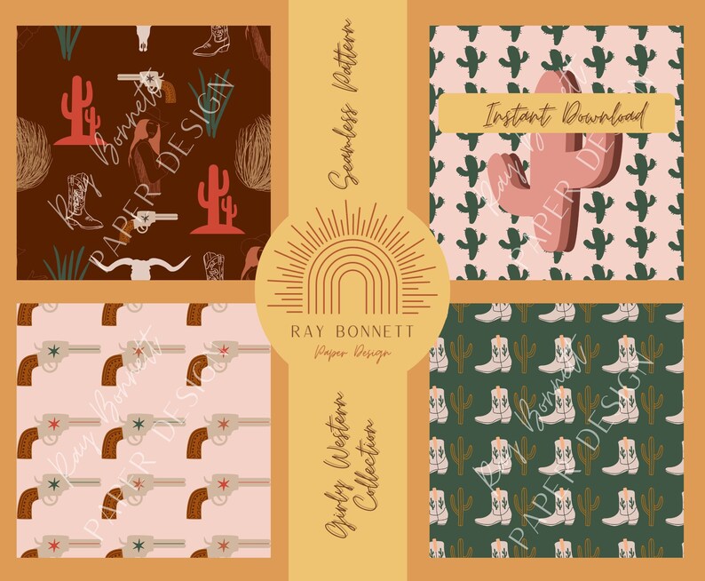 Girly Western Seamless Pattern Digital Paper Cowgirl Repeat Pattern ...