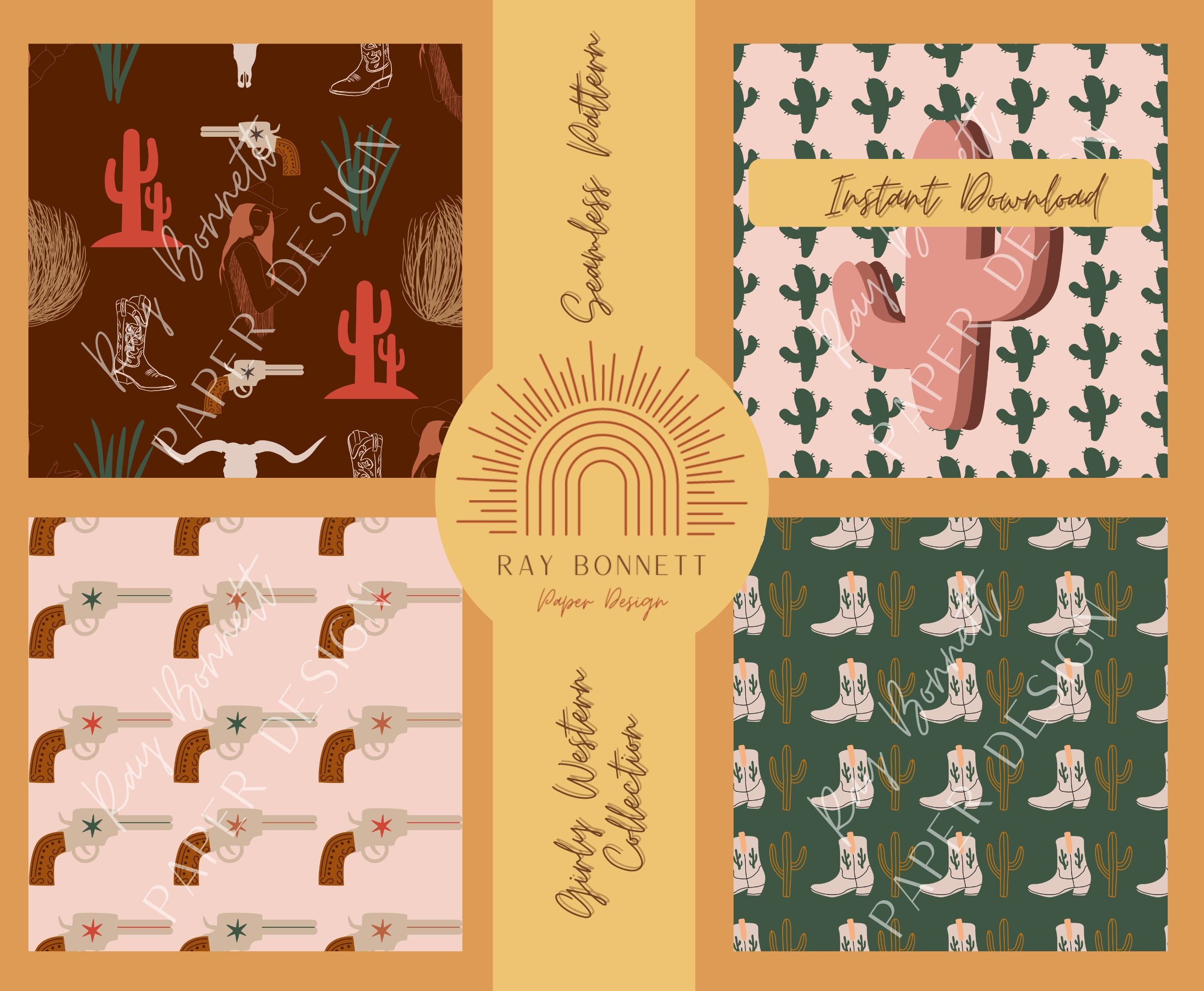 Girly Western Seamless Pattern Digital Paper Cowgirl Repeat Pattern ...