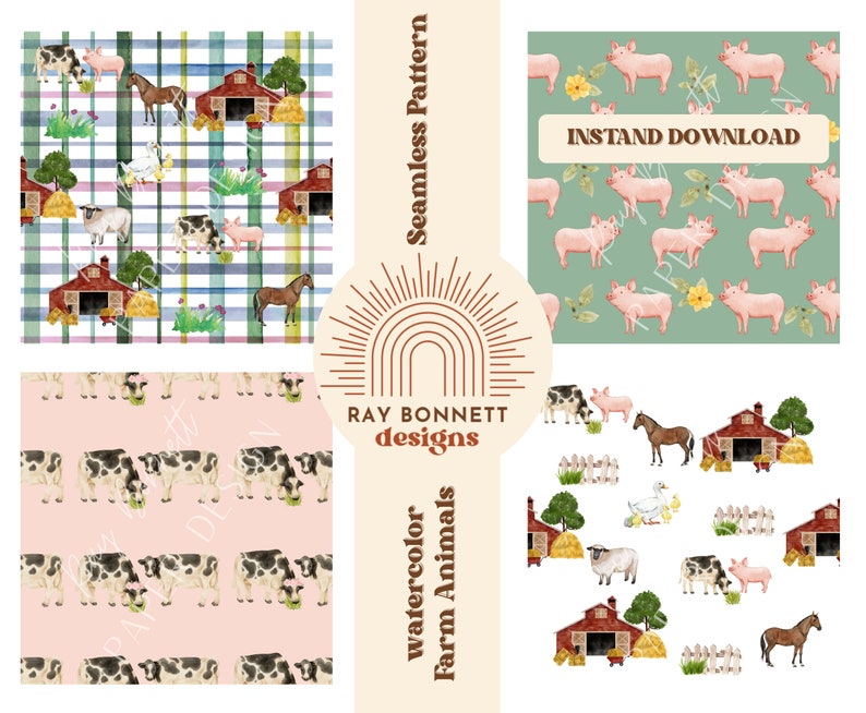Watercolor Farm Animals, Farm Animals Seamless Pattern, Farm Animals ...