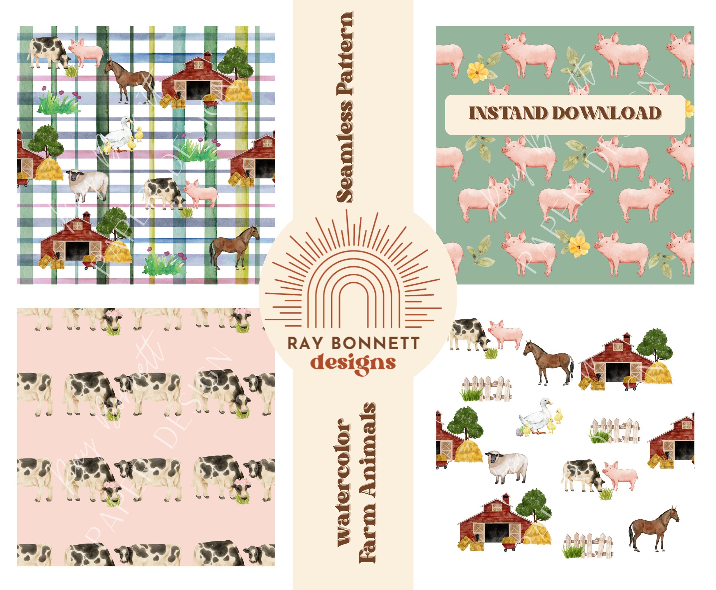 Watercolor Farm Animals, Farm Animals Seamless Pattern, Farm Animals ...