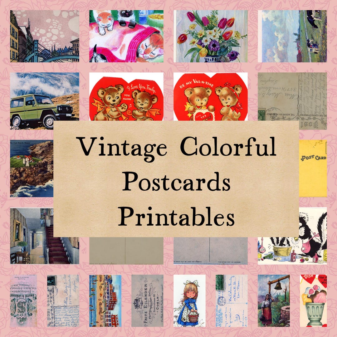 24 Vintage Postcards Colorful Printables, Junk Journal Digital Kit - Etsy