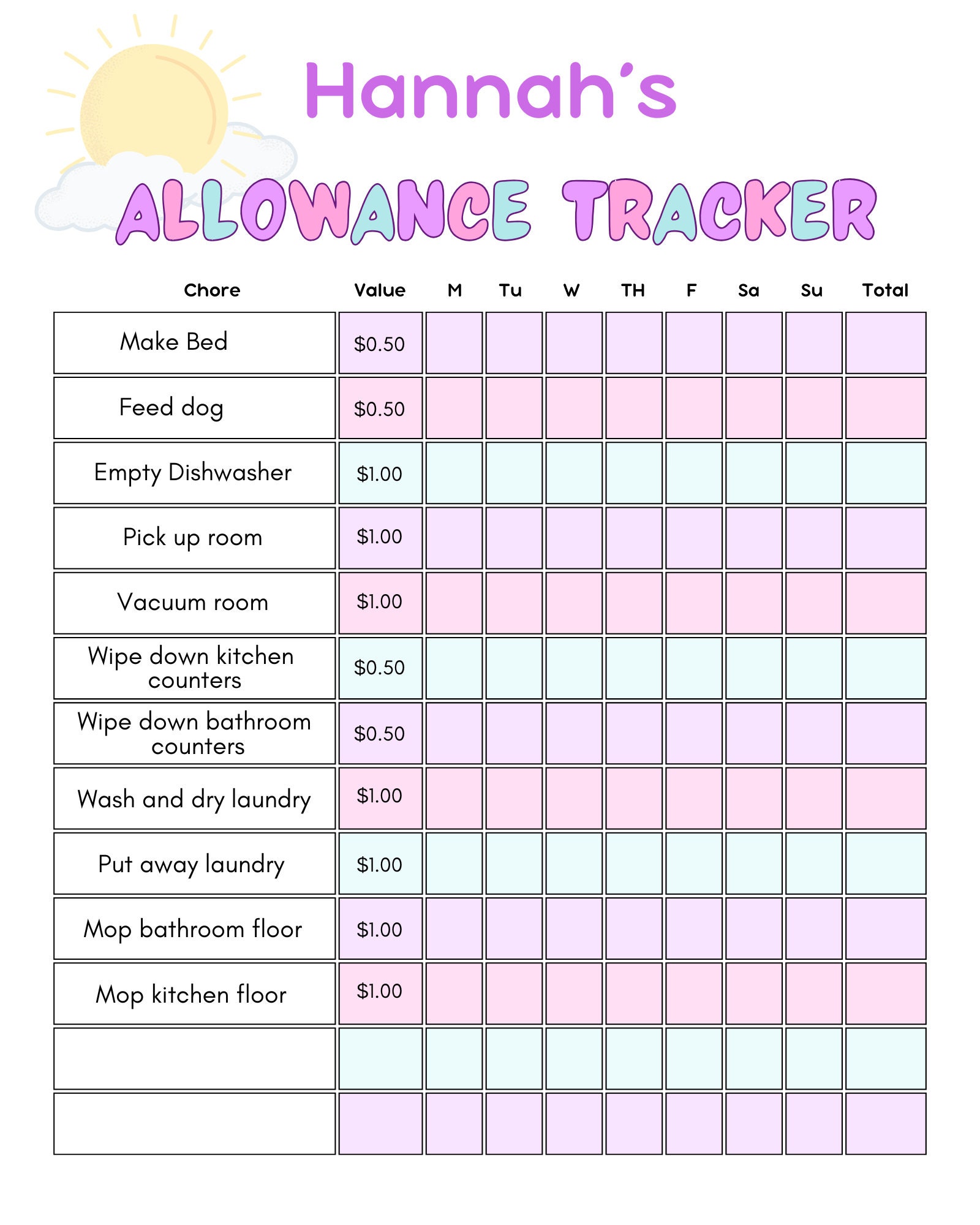 Printable Chore Chart, Editable Allowance Chart, Printable Sticker ...