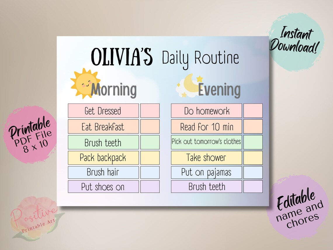 Kids Daily Routine Checklist, Editable Reward Chart, Printable Sticker ...