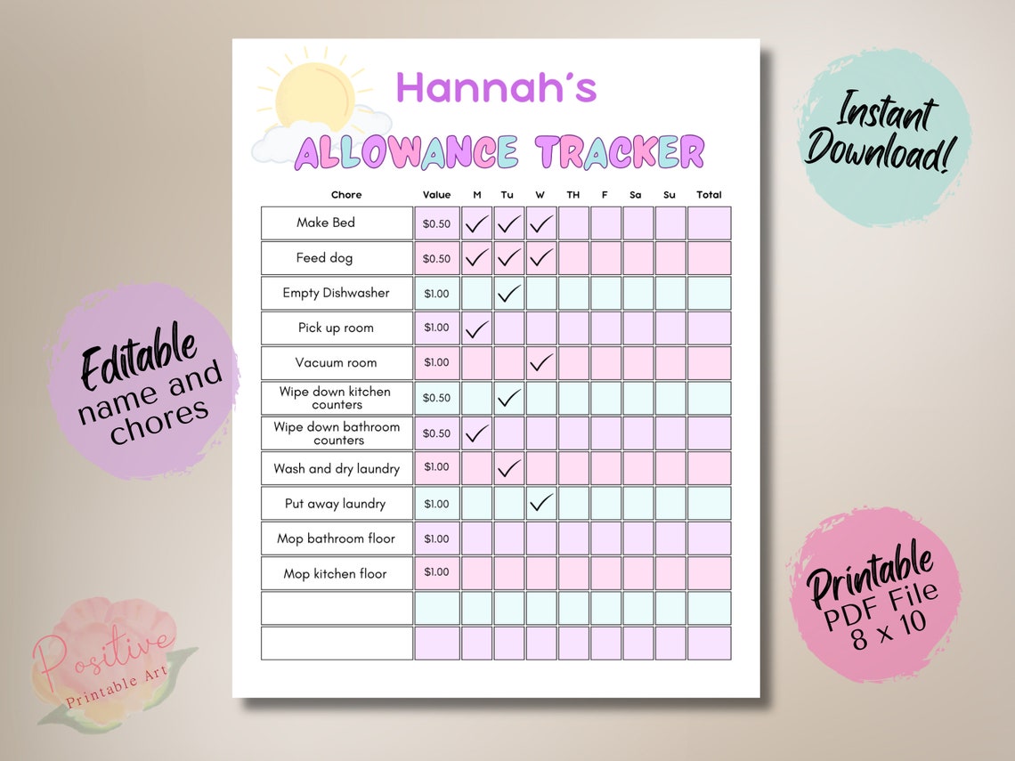 Printable Chore Chart, Editable Allowance Chart, Printable Sticker ...