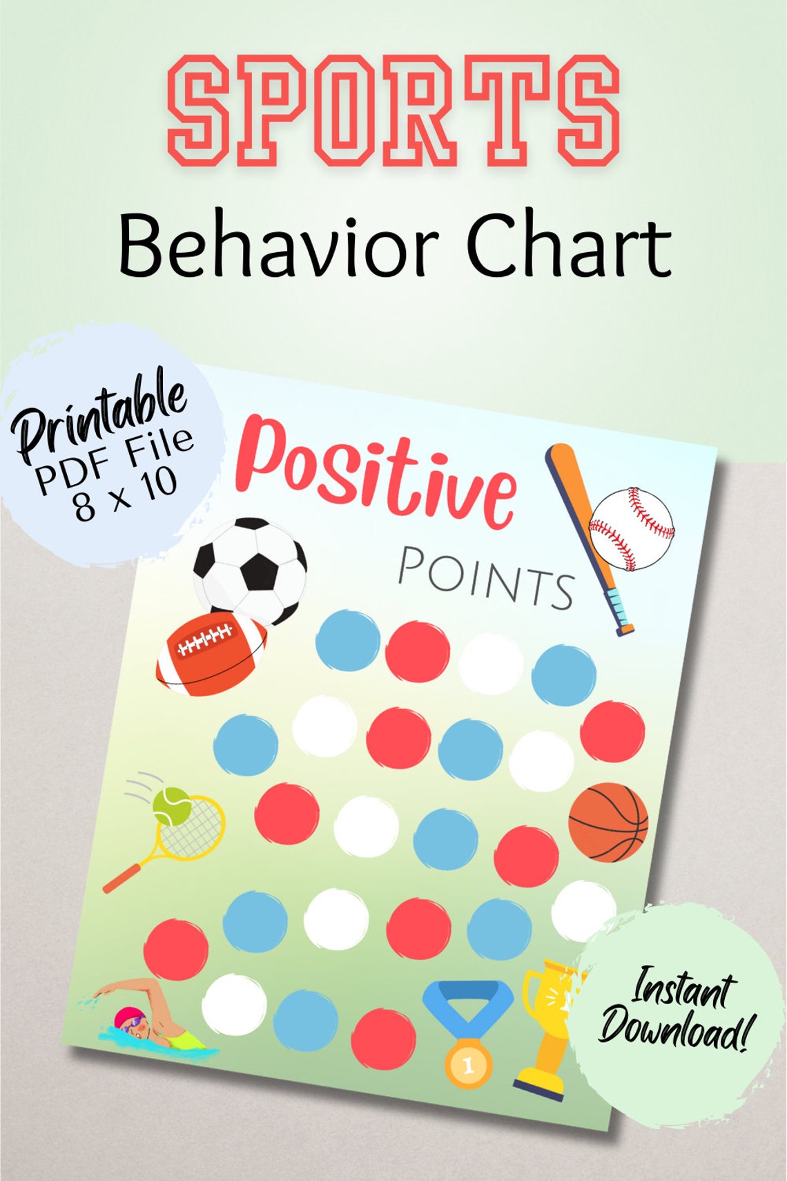 Kids Reward Chart, Sports Positive Points Reward Tracker, Printable ...