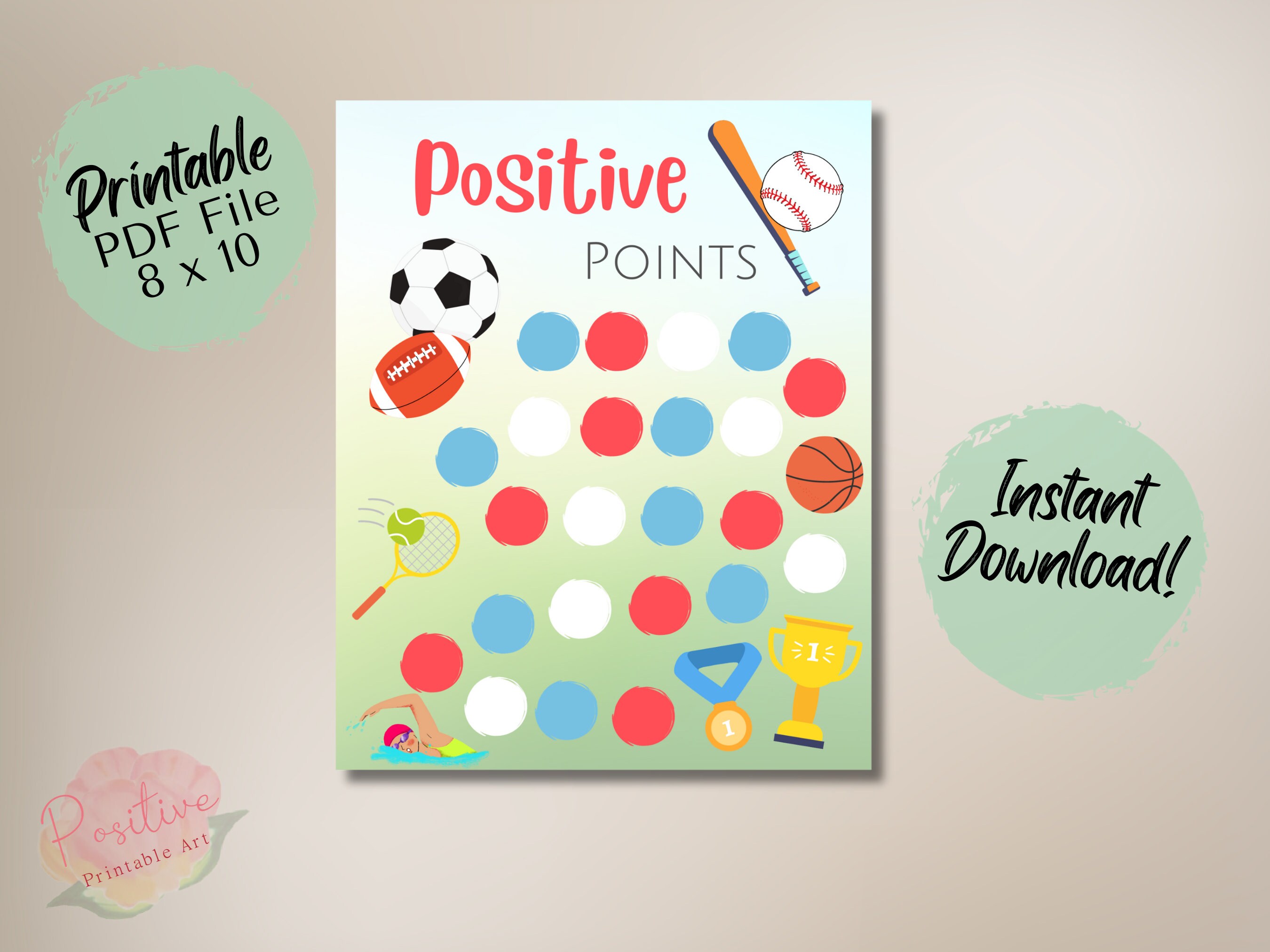 Kids Reward Chart, Sports Positive Points Reward Tracker, Printable ...