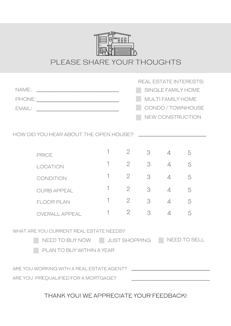 Open House Feedback Form Sheet | Realtor Open House |instant Download ...