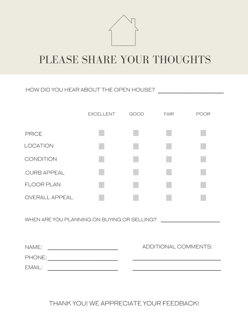 Open House Feedback Form Sheet | Realtor Open House | Instant Download ...