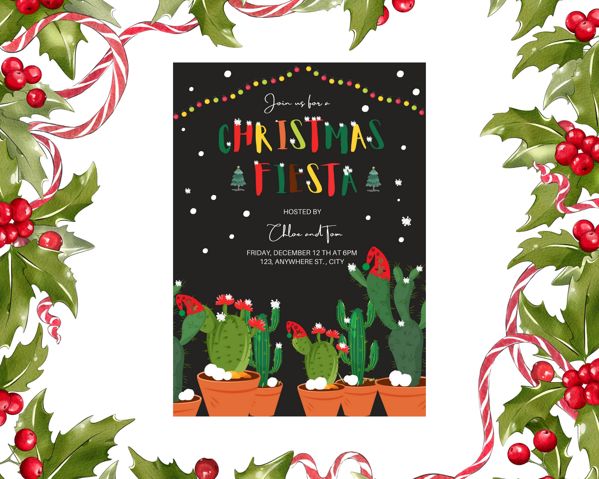 Editable Christmas Fiesta Invitation Cactus Mexican Holiday Fiesta ...