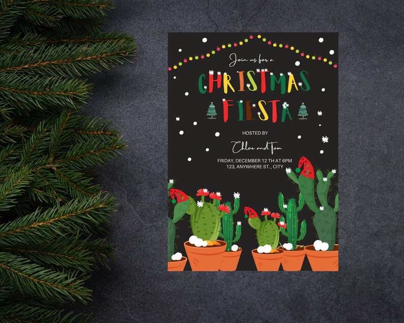 Editable Christmas Fiesta Invitation Cactus Mexican Holiday Fiesta ...