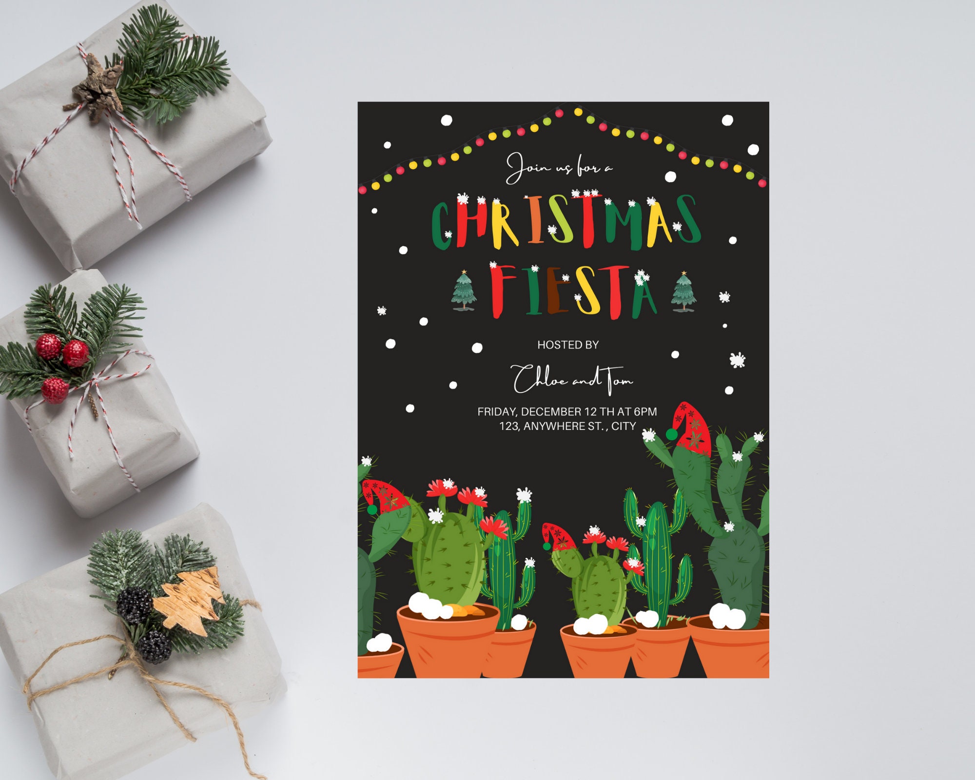 Editable Christmas Fiesta Invitation Cactus Mexican Holiday Fiesta ...