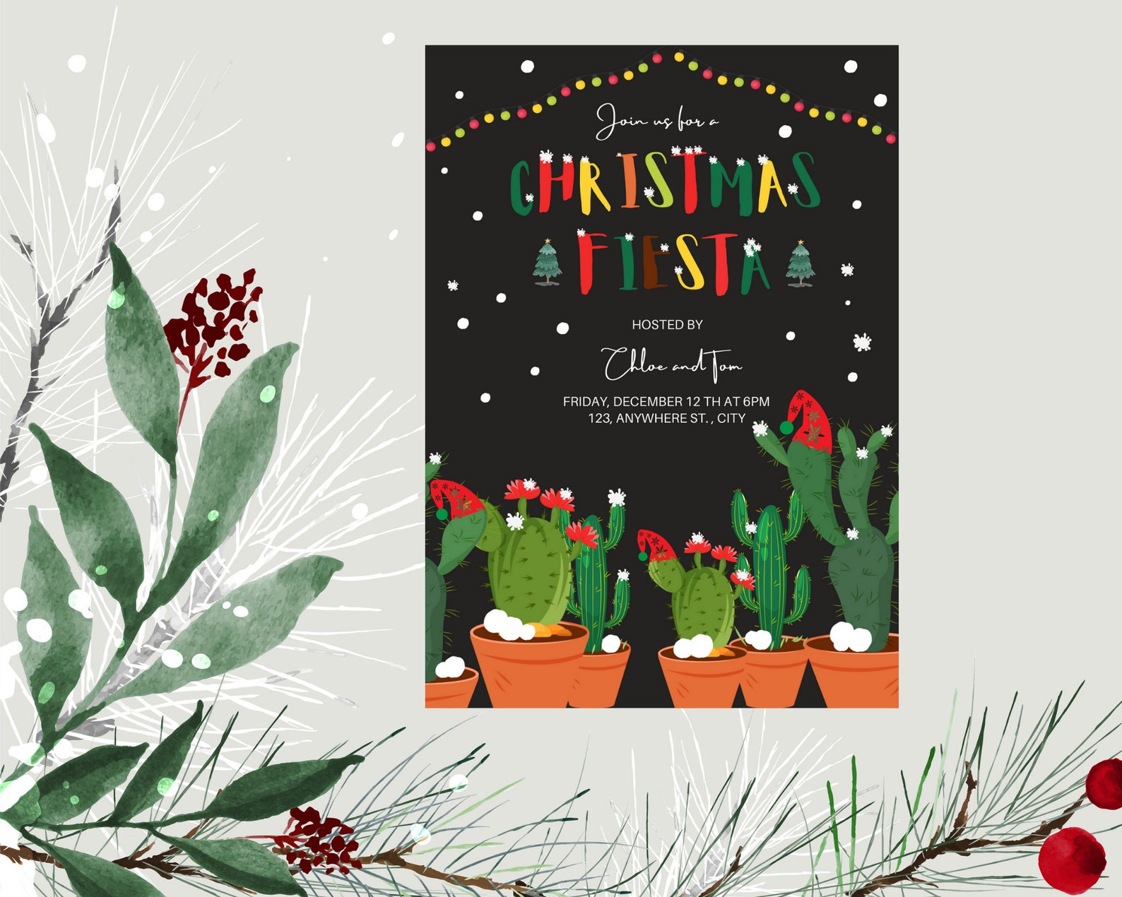 Editable Christmas Fiesta Invitation Cactus Mexican Holiday Fiesta ...
