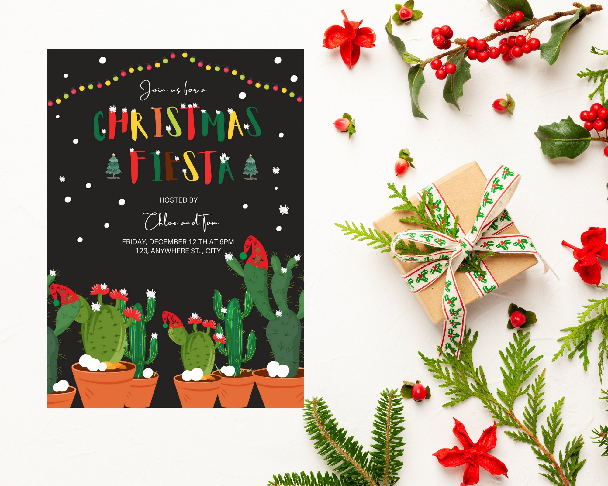 Editable Christmas Fiesta Invitation Cactus Mexican Holiday Fiesta ...