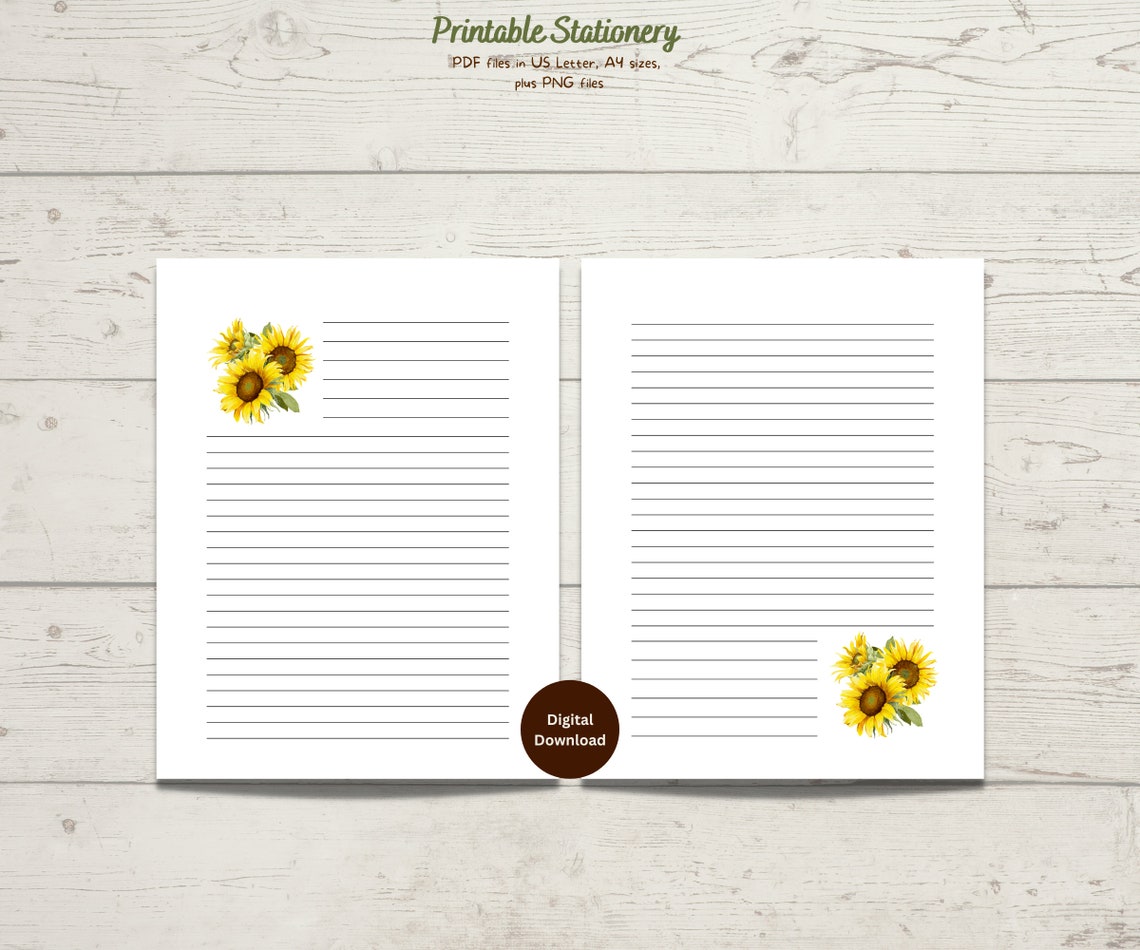 Printable Sunflower Stationery, Floral Printable Stationery, Printable ...