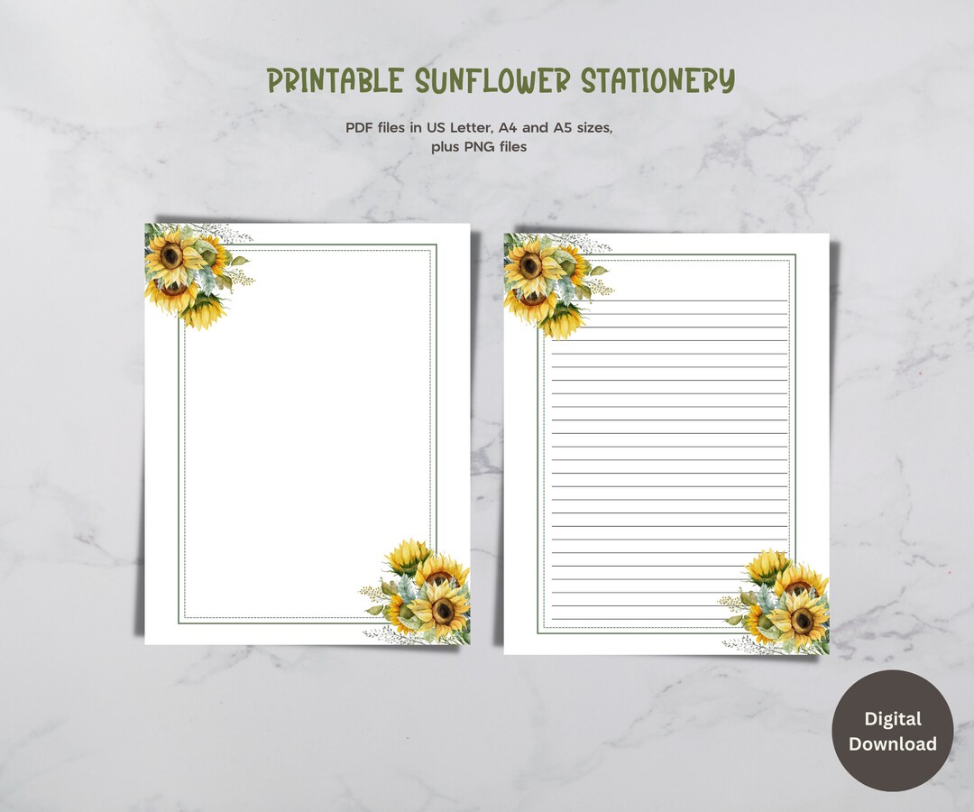 Printable Sunflower Stationery: Floral Writing Paper (PDF, PNG) - Etsy