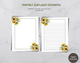 Printable Sunflower Stationery, DIGITAL DOWNLOAD, Printable Writing ...