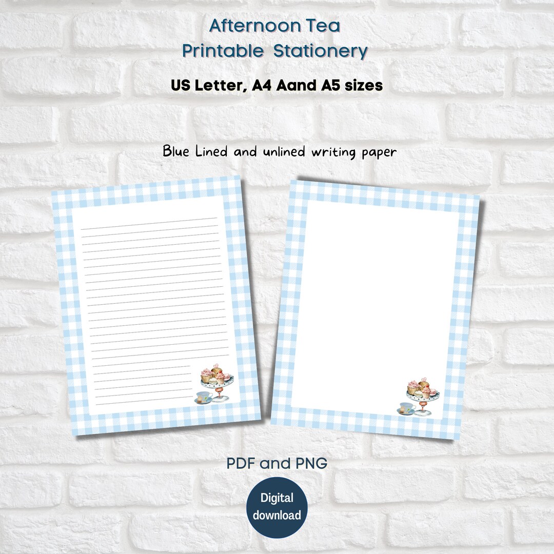 Afternoon Tea Stationery: Blue Gingham Border, Lined/unlined (digital ...