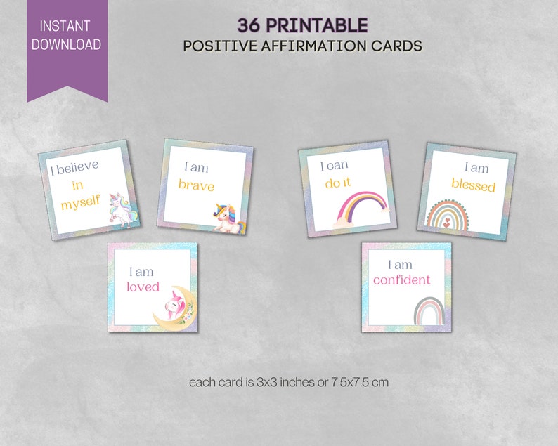 Unicorn Rainbow Positive Affirmation Cards for Children (digital ...