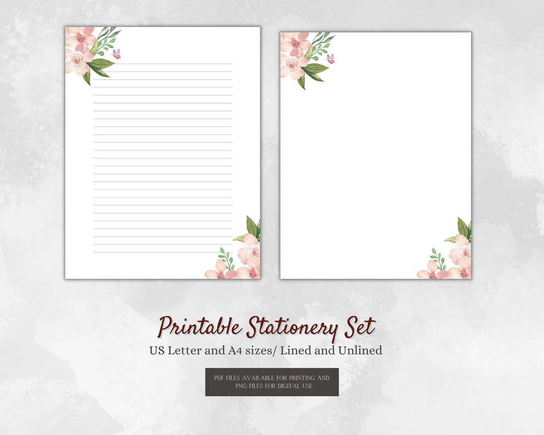 Watercolour Flower Digital Stationery, Lined and Unlined Writing Paper ...