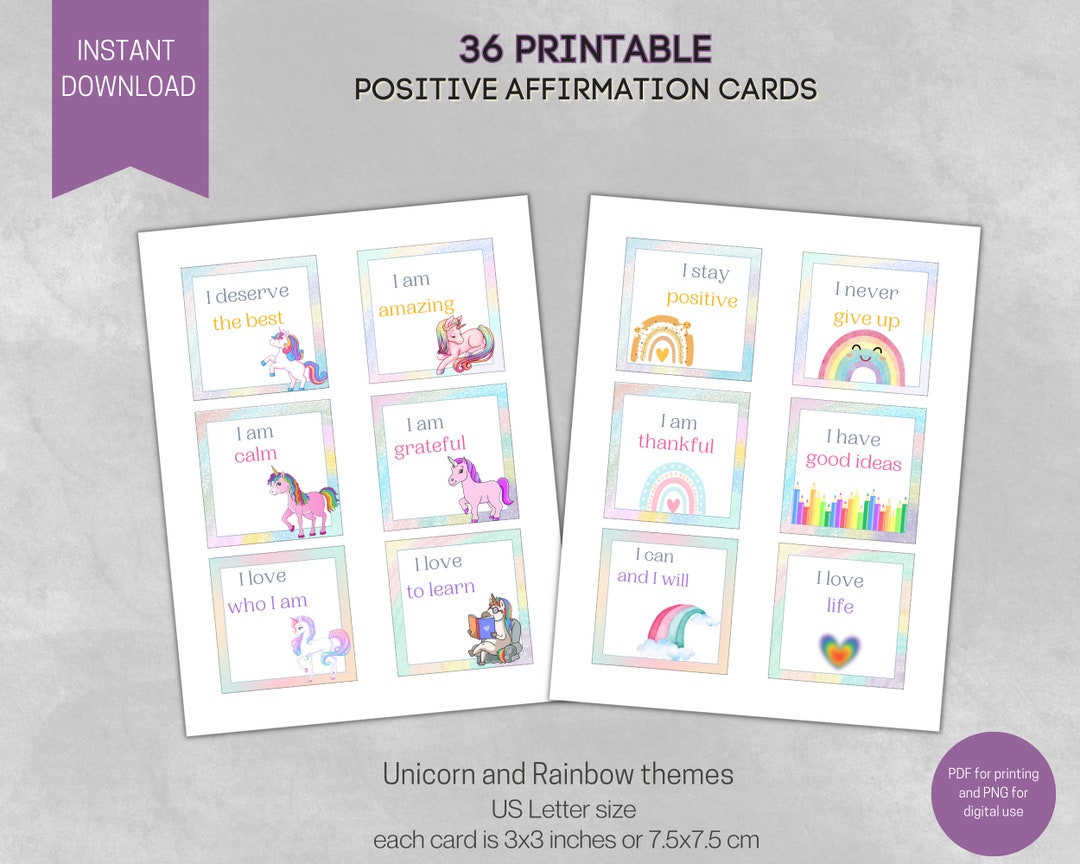 Digital Positive Affirmation Cards, Positive Messages, Unicorns ...